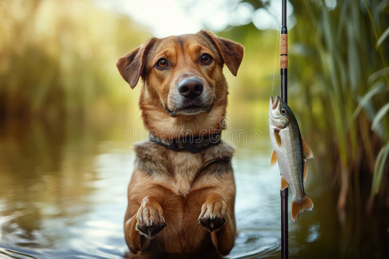 A Dog is in the Water with a Fish on a Fishing Pole Stock Illustration ...