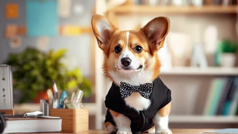 A Dog Wearing a Bow Tie Sitting on a Desk Stock Video - Video of bowtie ...