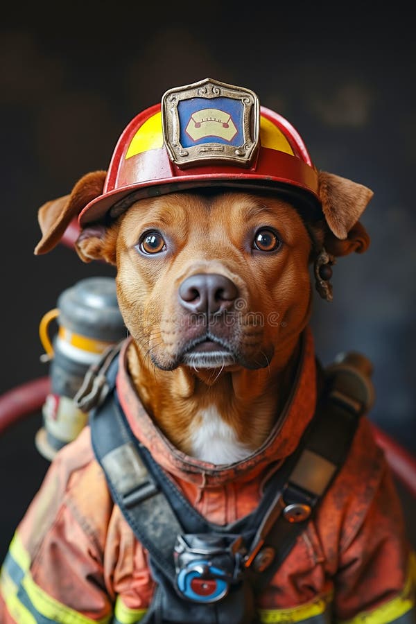 A Dog Wearing a Fireman S Uniform and a Fire Hat Stock Photo - Image of ...