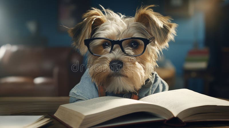 A Dog Wearing Glasses Reading a Book Stock Photo - Image of cute ...