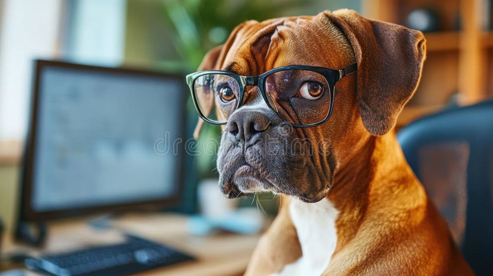 A Dog Wearing Glasses is Sitting in Front of a Computer Keyboard Stock ...