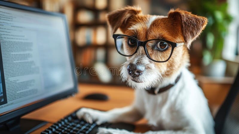 A Dog Wearing Glasses is Sitting in Front of a Computer Keyboard Stock ...