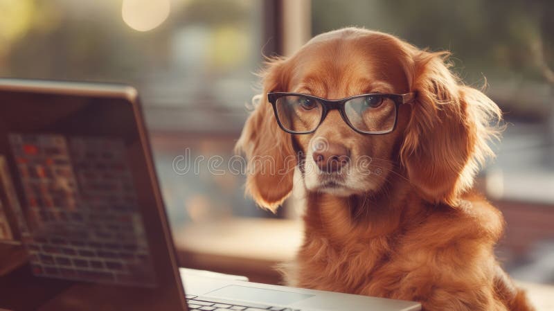 A Dog Wearing Glasses Sitting in Front of a Laptop Computer, AI Stock ...