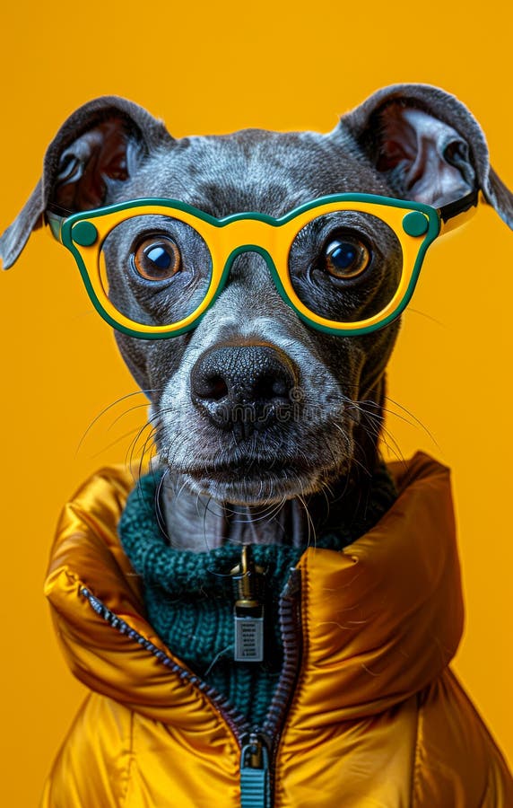 Dog Wearing Glasses Yellow Jacket Has Serious Expression Its Face Stock ...