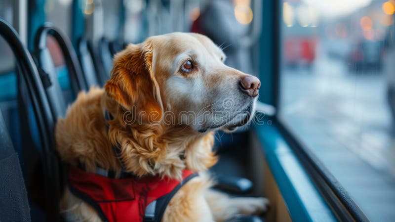 A Dog Wearing a Harness Sitting in the Back of a Bus, AI Stock Photo ...