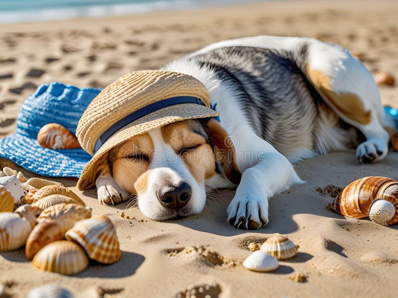 Dog Wearing a Hat Napping Peacefully on a Sandy Beach Surrounded by ...