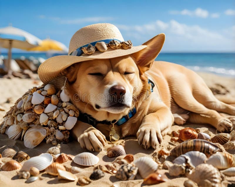 Dog Wearing a Hat Napping Peacefully on a Sandy Beach Surrounded by ...