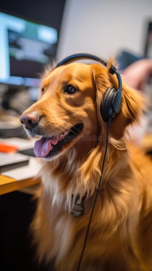 A Dog Wearing Headphones Sitting in Front of a Computer. Generative AI ...