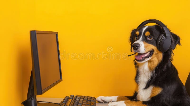 Dog Wearing Headset Looking at Computer Screen Stock Illustration ...
