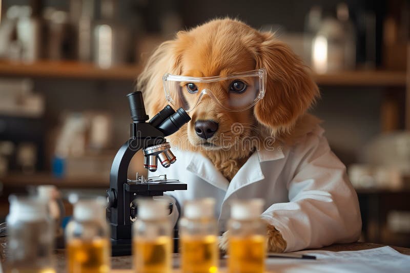 A Dog Wearing a Lab Coat and Goggles Looking through a Microscope Stock ...