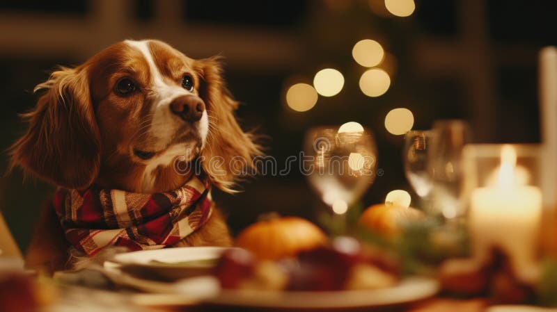 Dog Wearing Plaid Scarf Looking at Dinner Table Stock Illustration ...