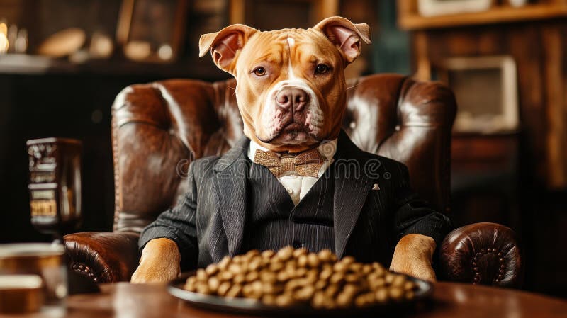 A Dog Wearing Suit is Sitting on a Table with a Plate of Dog Food in ...