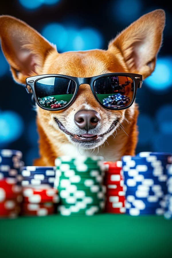 A Dog Wearing Sunglasses Sitting at a Poker Table with Chips Stock ...