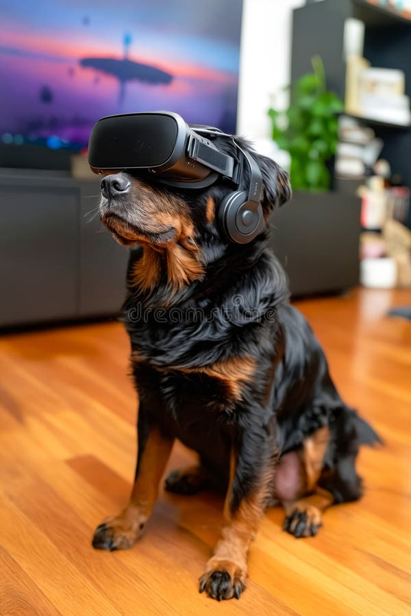 A Dog Wearing a Virtual Reality Headset Sitting on the Floor ...