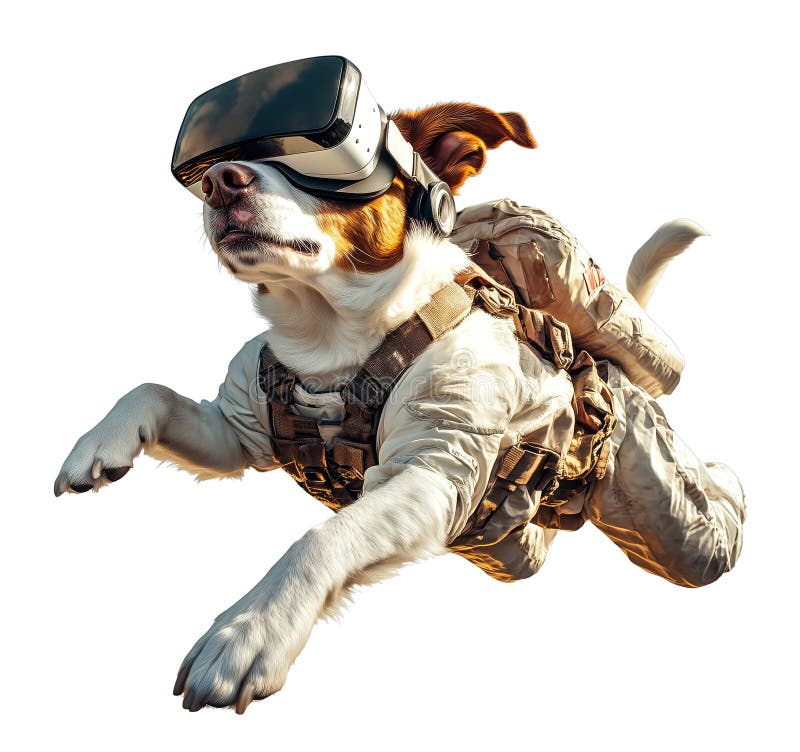 A Dog Wearing a Virtual Reality Headset and a Tactical Vest is Flying ...