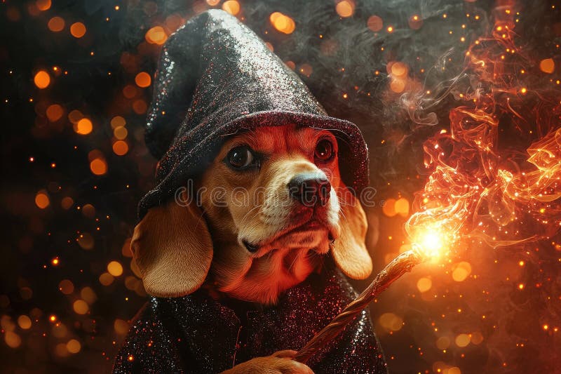 A Dog is Wearing a Wizard Hat and Holding a Wand, a Spooky and ...