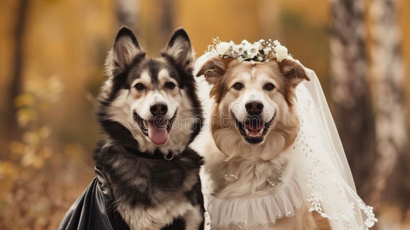 Dog Wedding Couple in the Autumn Forest Stock Illustration ...