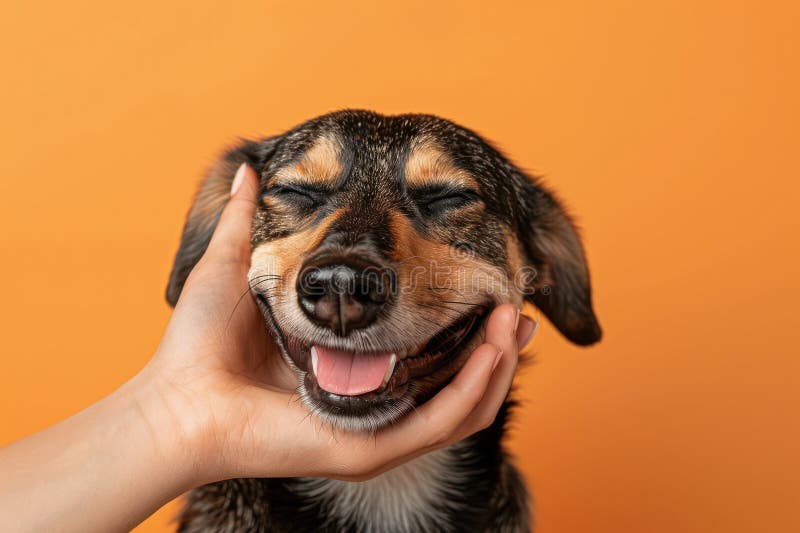 A Dog Whose Head is Rubbed Smiles Happily Stock Image - Image of ...