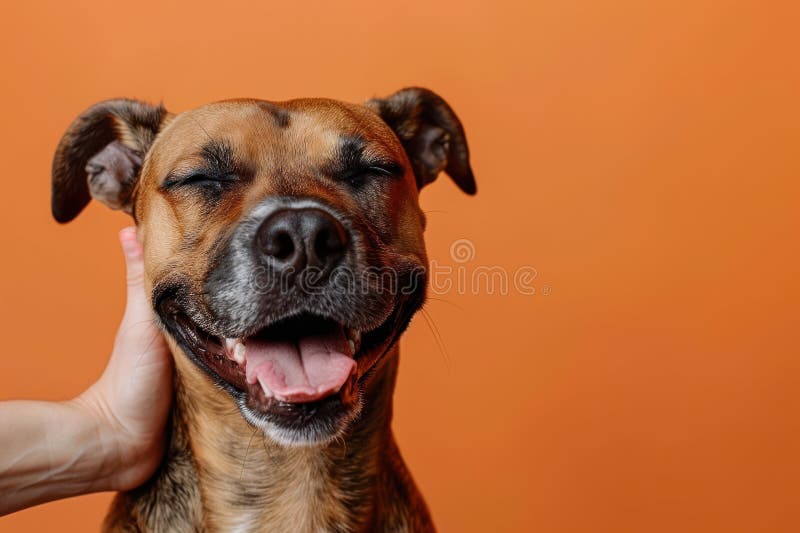 A Dog Whose Head is Rubbed Smiles Happily Stock Image - Image of ...