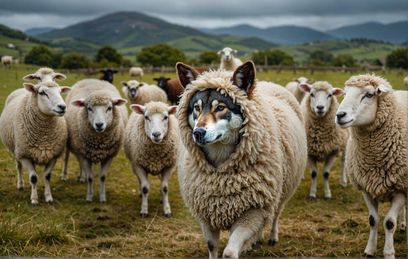 A Dog in a Wolf Costume is Herding Sheep in a Field. the Sky is Cloudy ...