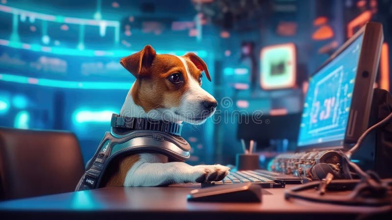 The Dog is Working on the Laptop at Night Extreme Closeup. Generative ...