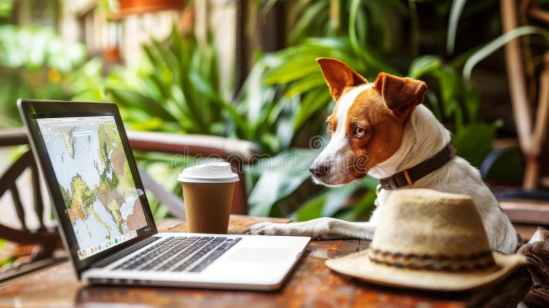 Dog Working Remotely in Tropical Setting with Laptop and Coffee Stock ...