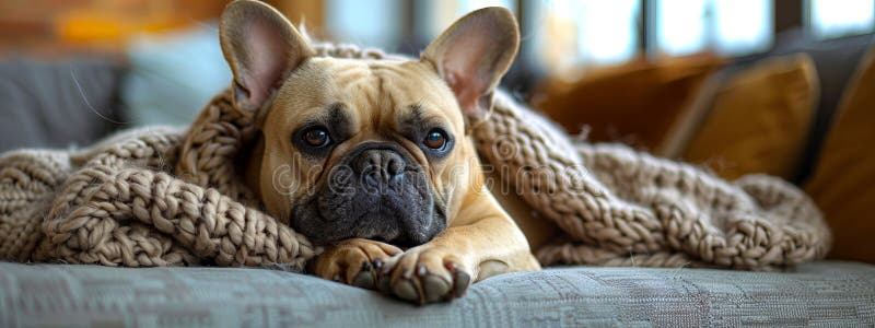 A Dog is Wrapped Up in a Blanket on a Couch Stock Image - Image of knit ...