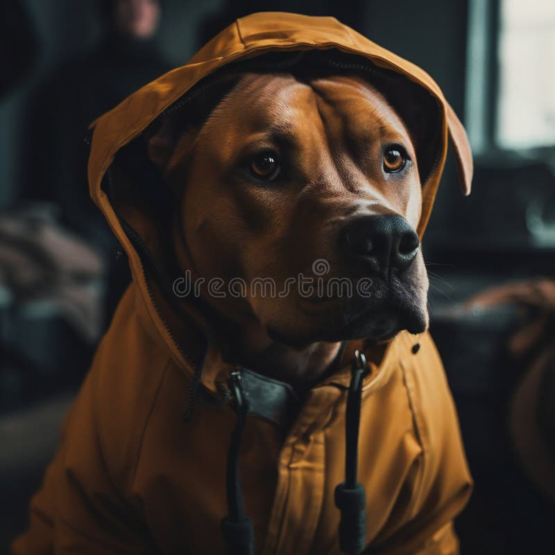 Dog in Yellow Sport Jacket Inside the Apartment. Cute Muzzle. Dog Looks ...