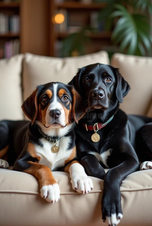 Dogs on a Beige Couch AI Generated Stock Illustration - Illustration of ...