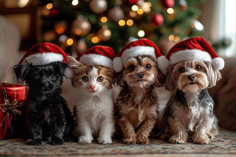 Dogs and Cats Dressed in Santa Hats Sitting by a Christmas Tree Stock ...
