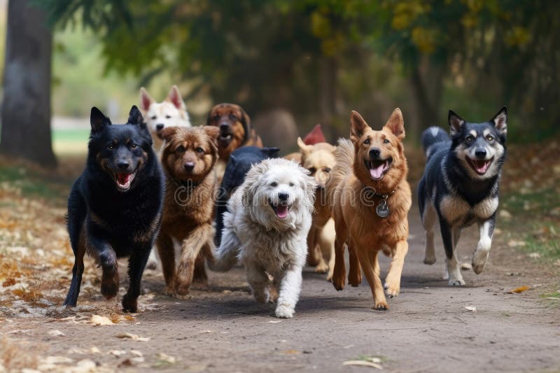 Dogs of Different Breeds and Colors Running in Park Together Stock ...