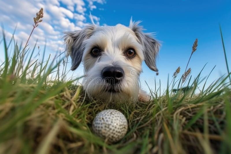 Dogs-eye View of a Grassy Field with a Ball Stock Illustration ...
