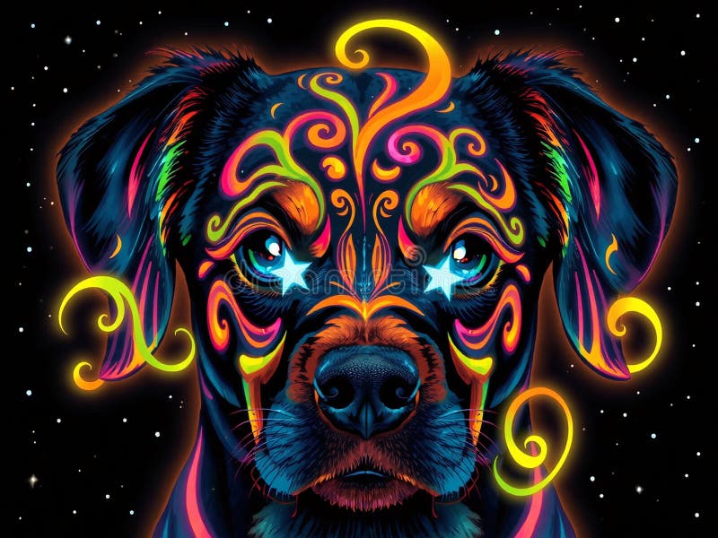 A Dogs Face with Neon, Psychedelic Designs. the Dogs Base Color is a ...