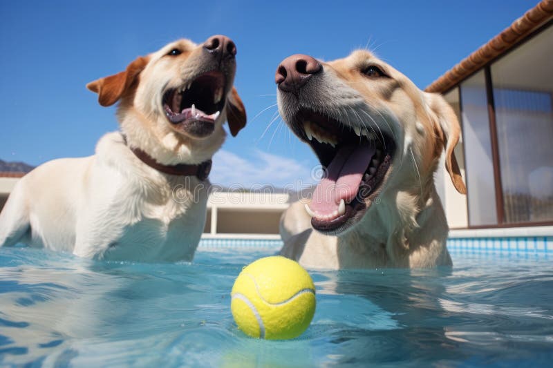 Dogs Playing with a Ball in the Pool Generative Ai Stock Image - Image ...