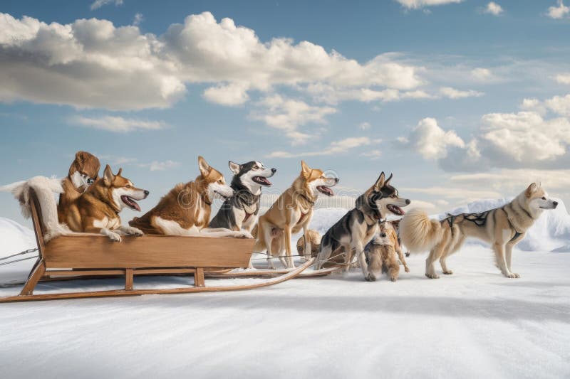 Dogs Pull Sled on a Snowy Landscape Under a Bright Blue Sky with Fluffy ...