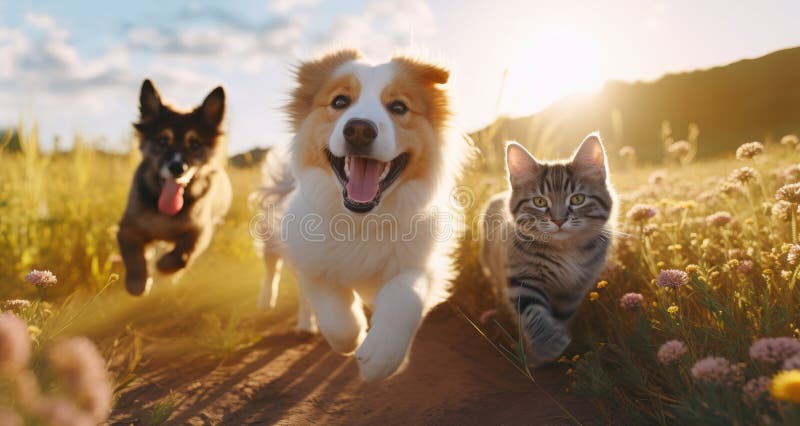 Dogs Run in Grass and Cats Run on the Front Yard Stock Photo - Image of ...
