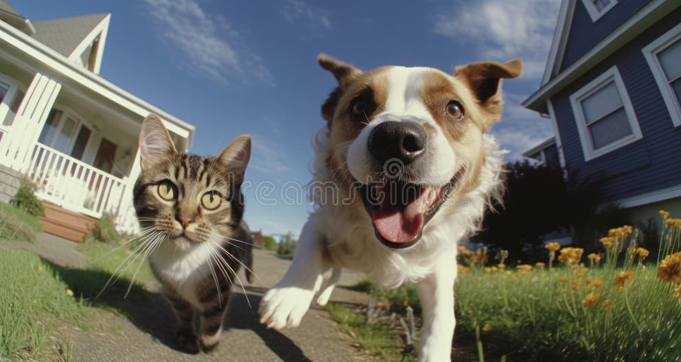 Dogs Run in Grass and Cats Run on the Front Yard Stock Image - Image of ...