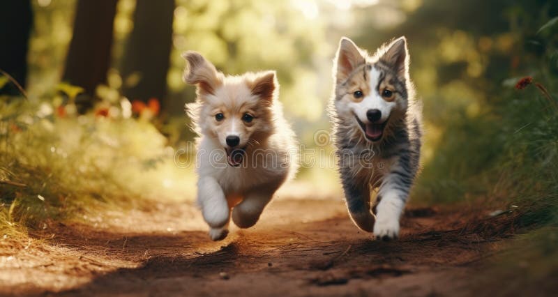 Dogs Run in Grass and Cats Run on the Front Yard Stock Image - Image of ...