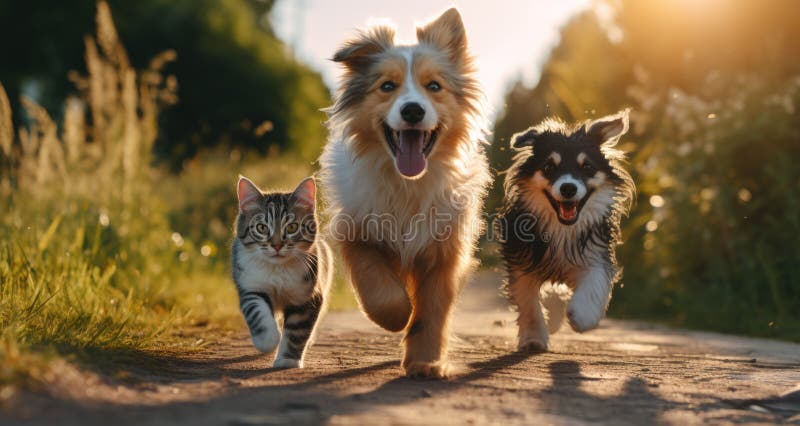 Dogs Run in Grass and Cats Run on the Front Yard Stock Image - Image of ...