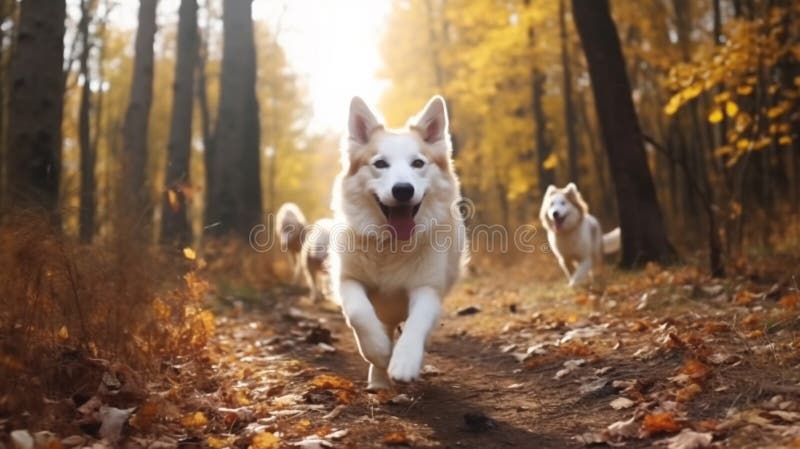 Dogs Running through the Fall Woods. AI Generated Stock Photo - Image ...