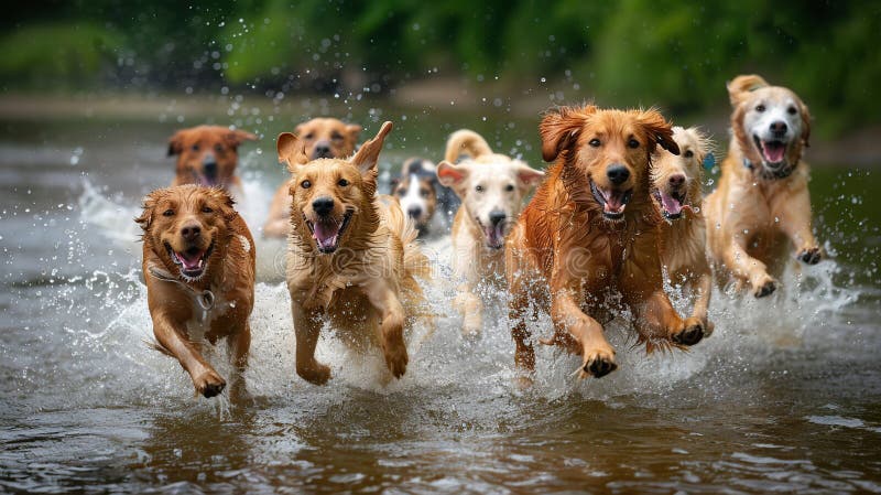 Two Dogs Running through Field of Tall Grass, Their Tongues and Tails ...