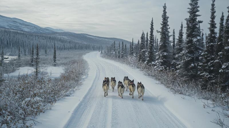 Dogs Sledding Down Snowy Path in Winter Wonderland Stock Illustration ...