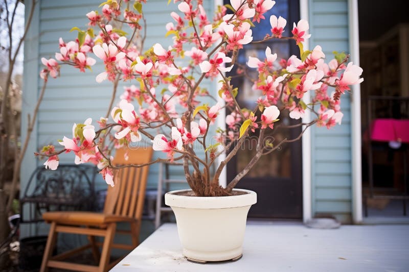 Dogwood Tree with Pink Flowers Grown in a Pot in Yard Stock Image ...