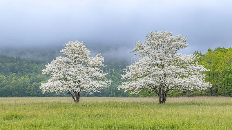 Dogwood Trees Bloom, Misty Mountain Meadow, Spring Stock Photo - Image ...