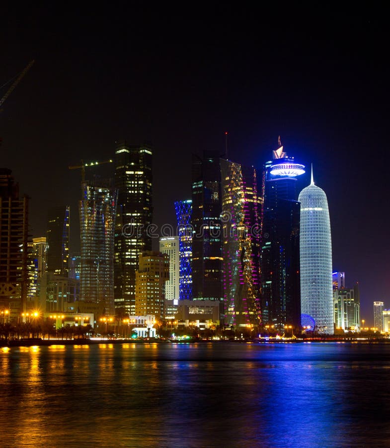 Doha, Qatar Skyline at Night Editorial Photography - Image of ...