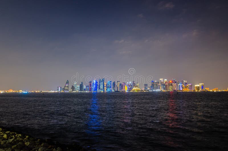 Doha Corniche and Business District Night View Stock Image - Image of ...