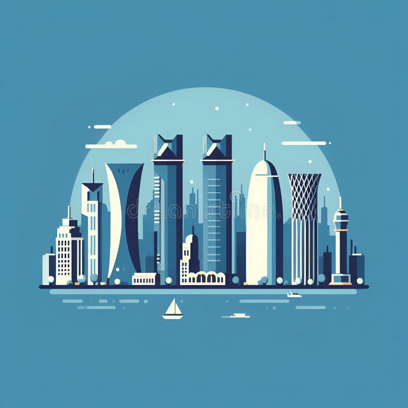 Doha Flat Vector City Skyline Stock Illustration - Illustration of ...