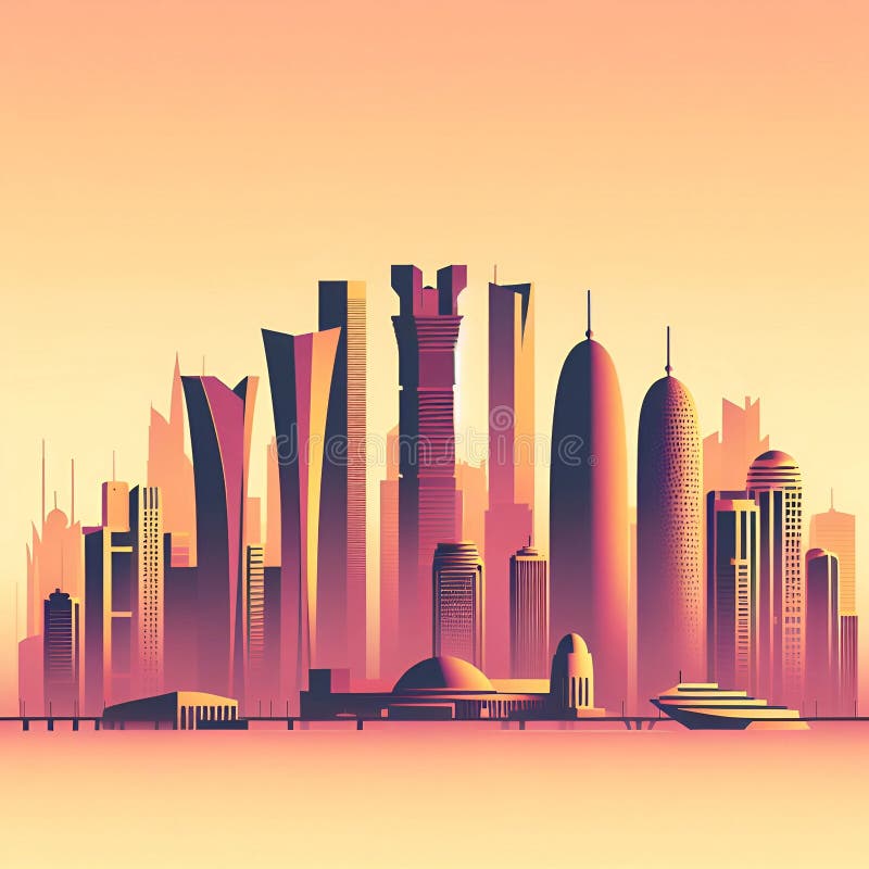 Doha Flat Vector Gradient City Skyline Stock Illustration ...