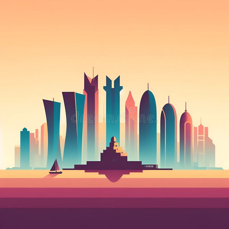 Doha Flat Vector Gradient City Skyline Stock Illustration ...