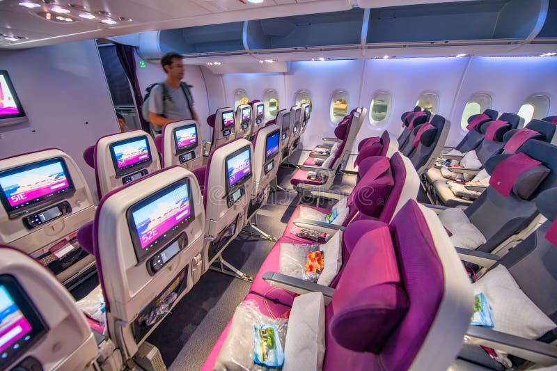 Doha, Qatar - August 17, 2018: Interior of Qatar Airways Airbus A380 ...